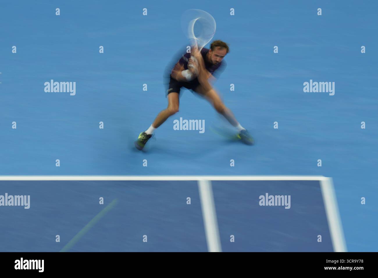Daniil Medvedev, of Russia plays a backhand return to Learner Tien, of ...