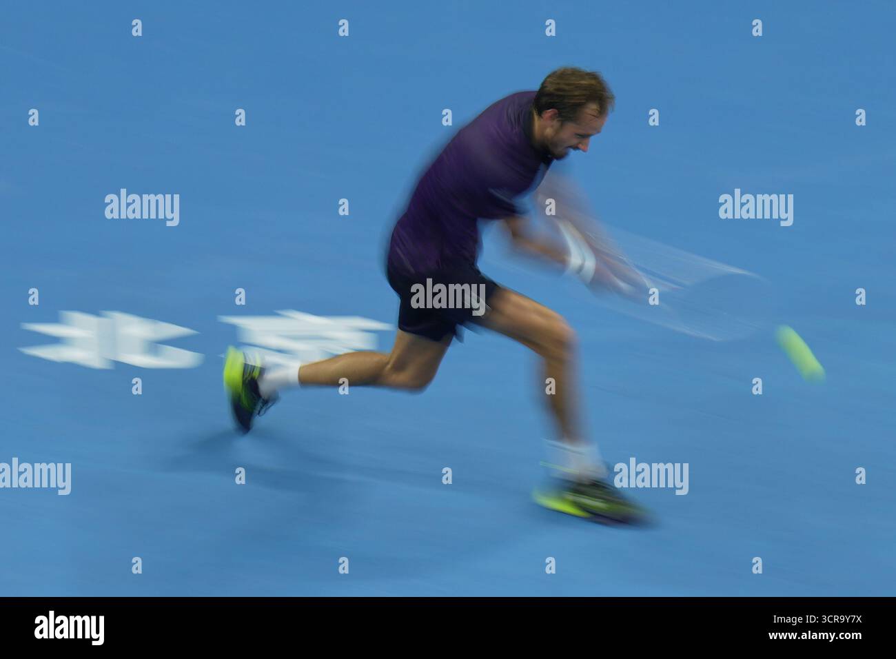 Daniil Medvedev, of Russia plays a backhand return to Learner Tien, of ...