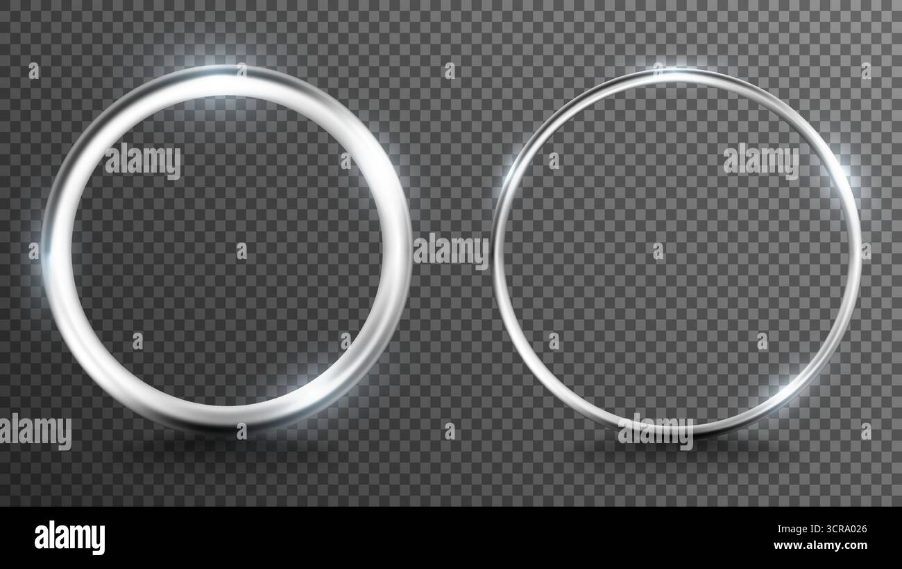 Vector illustration of a realistic silver ring frame with glowing light ...