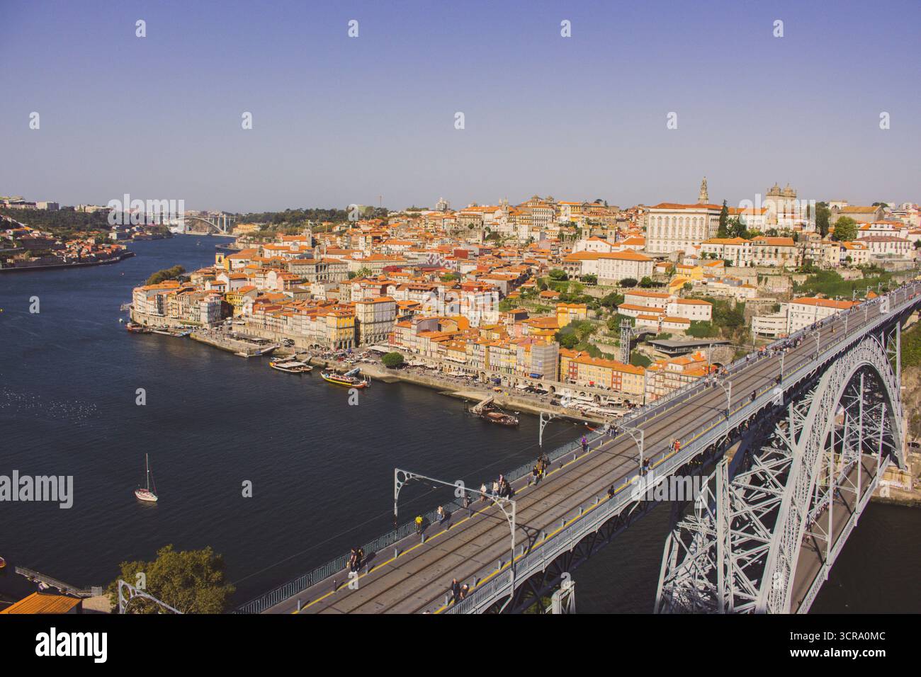 Famous bridge Ponte Luis in Porto bottom view. Riverside near giant ...