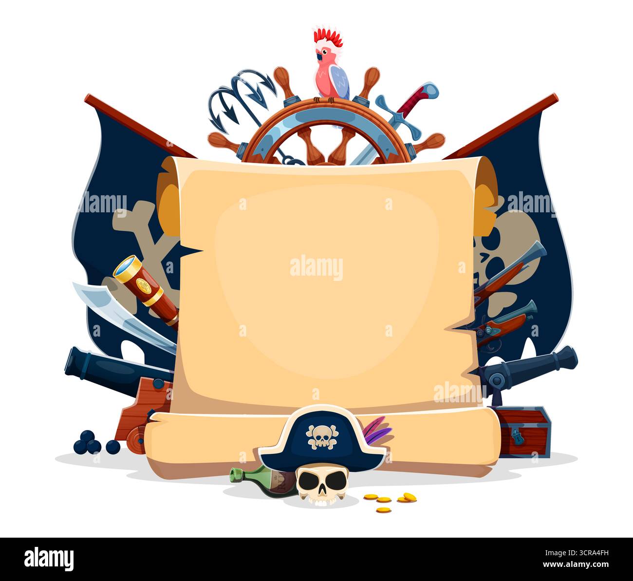 Pirate manuscript parchment scroll in vector frame of ship wheel, saber ...