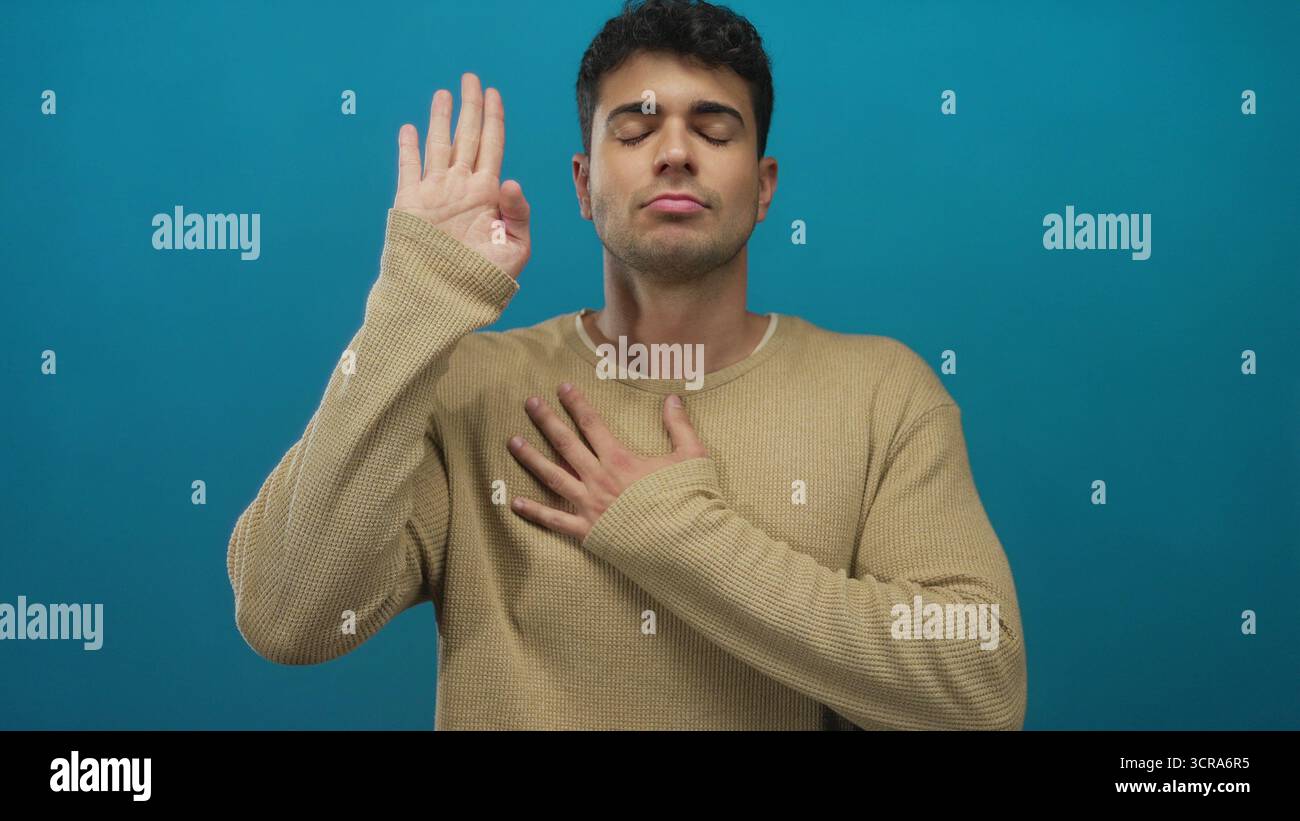 Man raises hand to make pledge in background frame while hispanic young ...