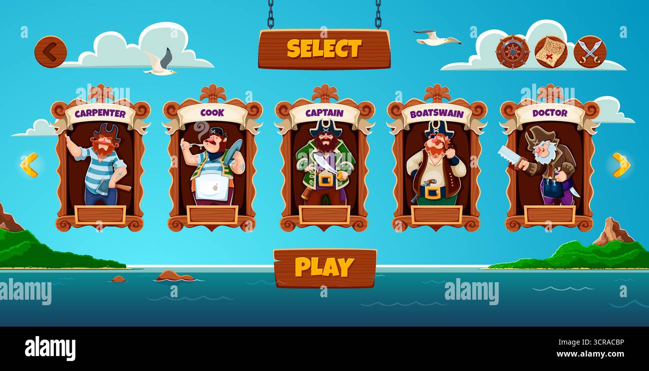 Cartoon pirate ship crew characters game board. Vector selection screen ...