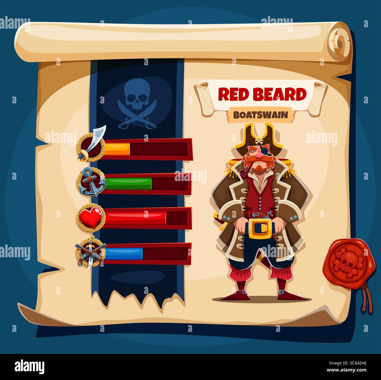Pirate crew character options, game window on scroll. Cartoon boatswain ...