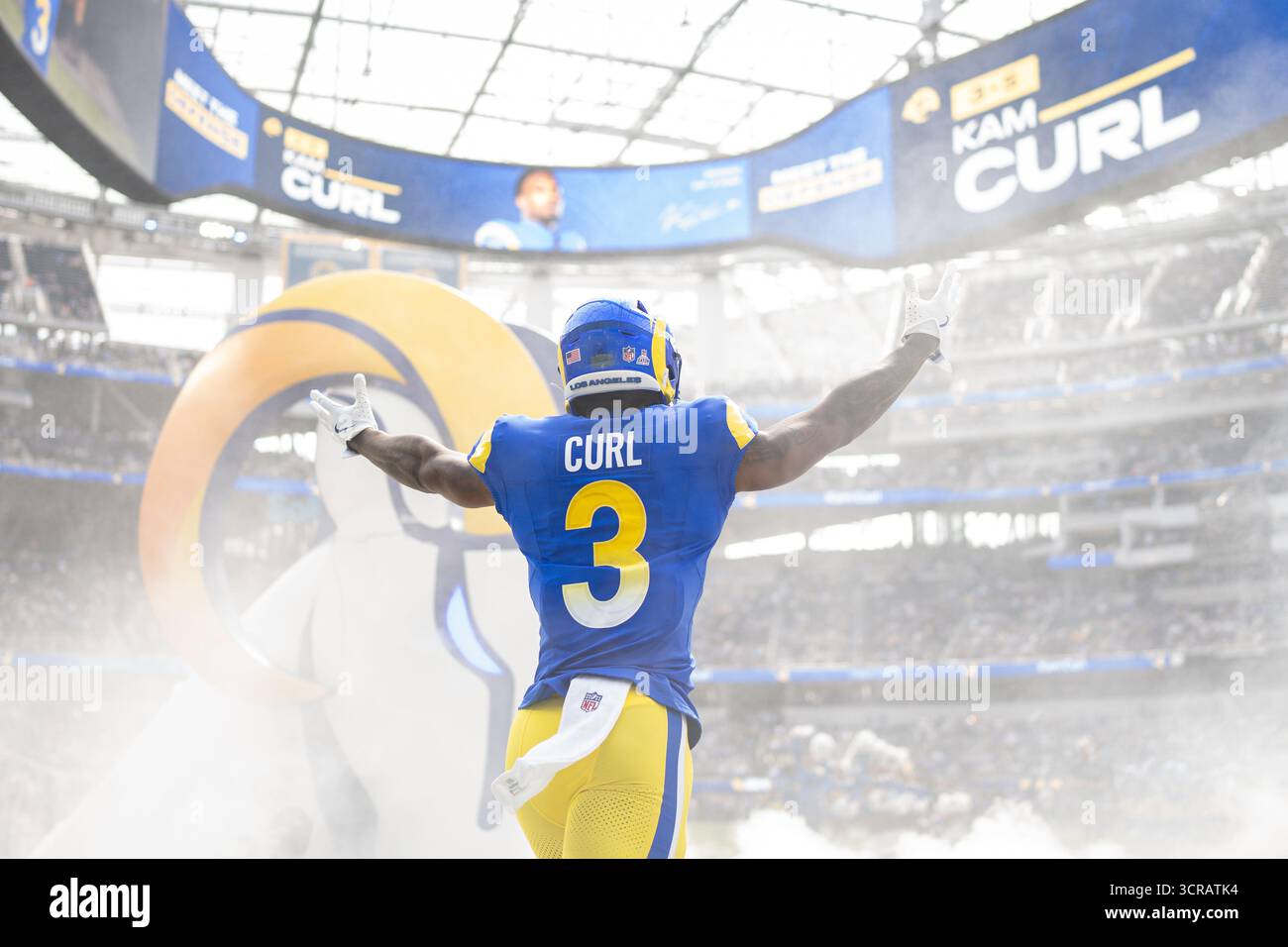 Los Angeles Rams safety Kam Curl (3) is introduced during a NFL game ...