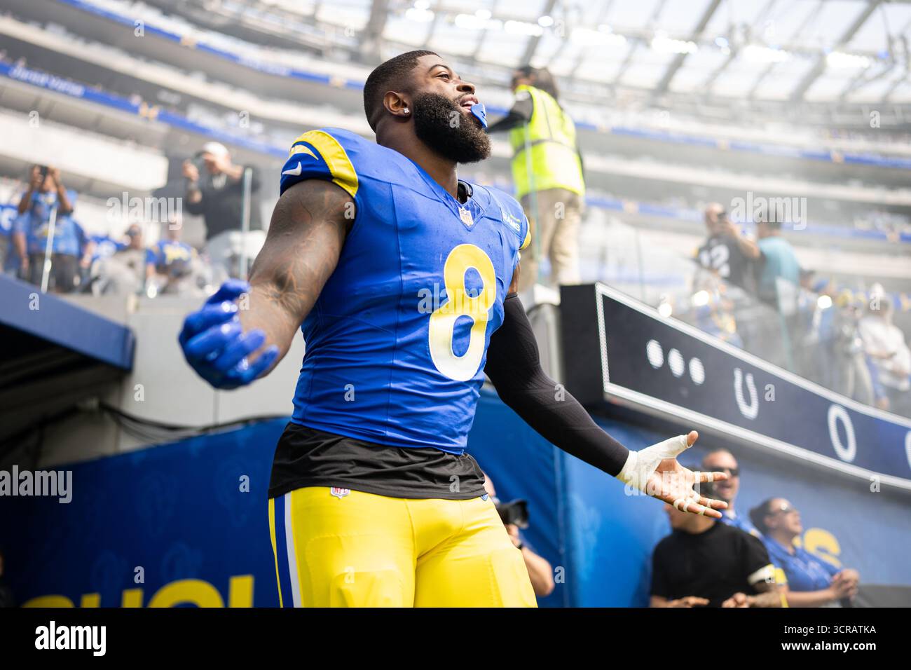 Los Angeles Rams linebacker Jared Verse (8) takes the field during a ...