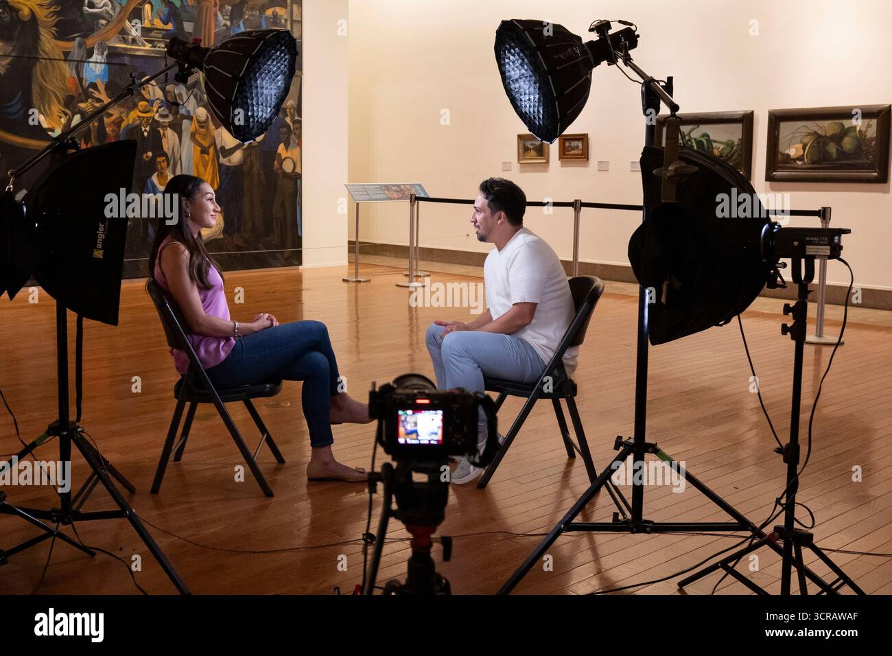 Lin-Manuel Miranda, right, is interviewed during the closing event of ...