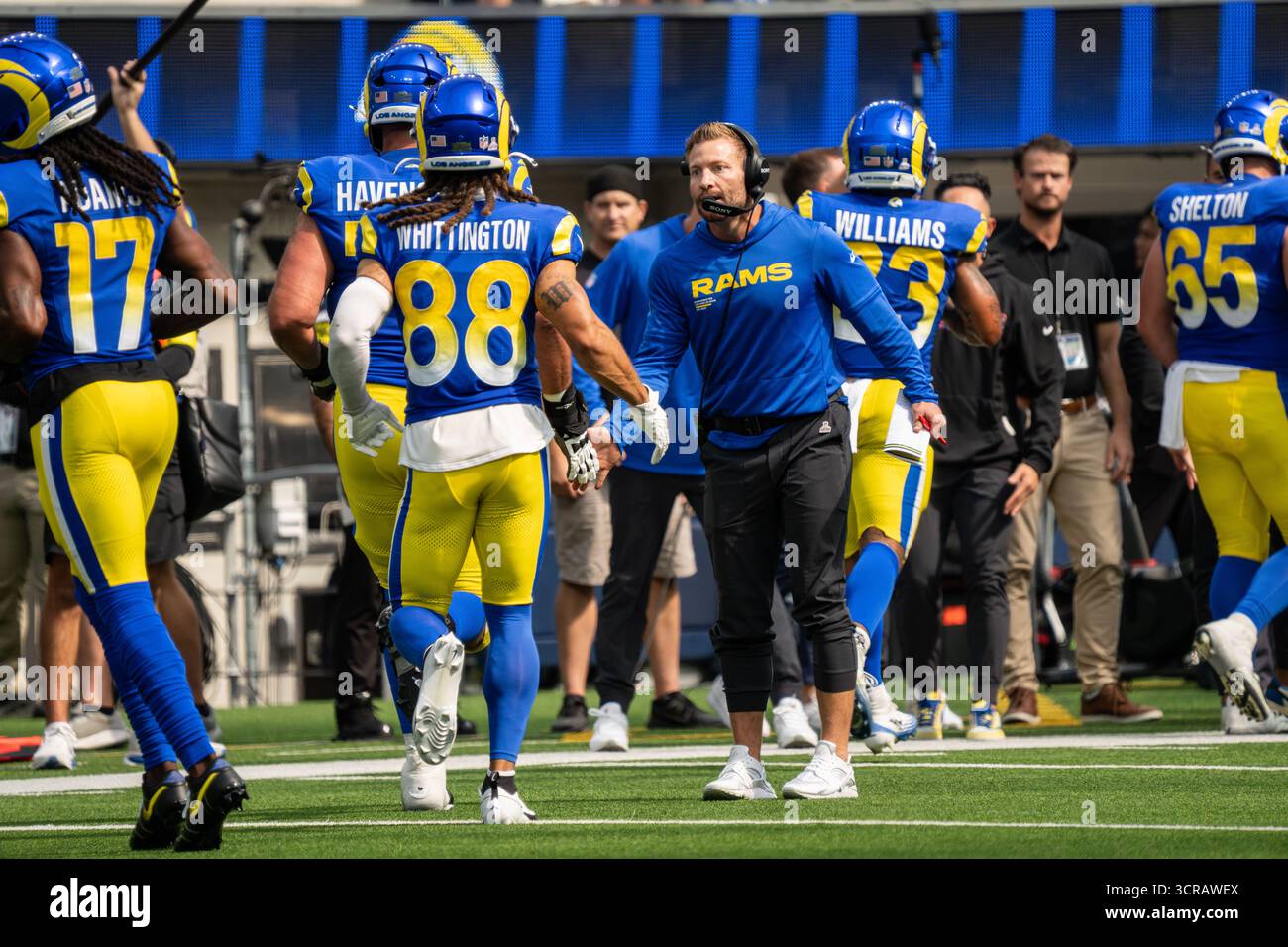 Los Angeles Rams head coach Sean McVay congratulates players during a ...