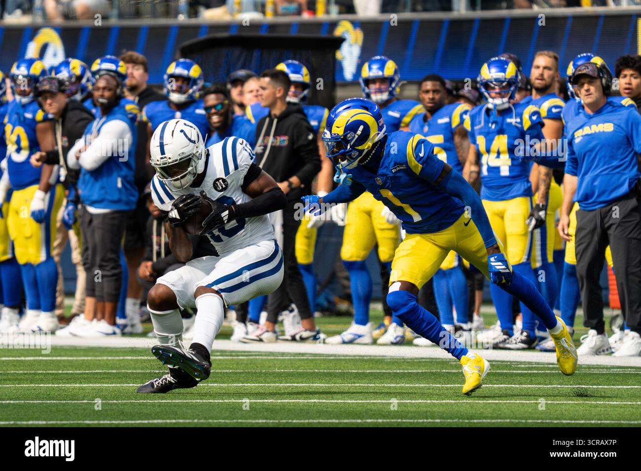 Indianapolis Colts wide receiver Adonai Mitchell (10) spins away from ...