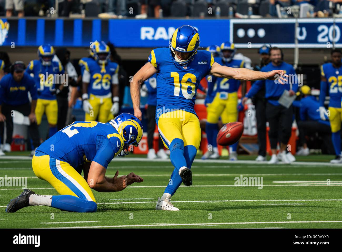 Los Angeles Rams kicker Joshua Karty (16) kicks an extra point during a ...