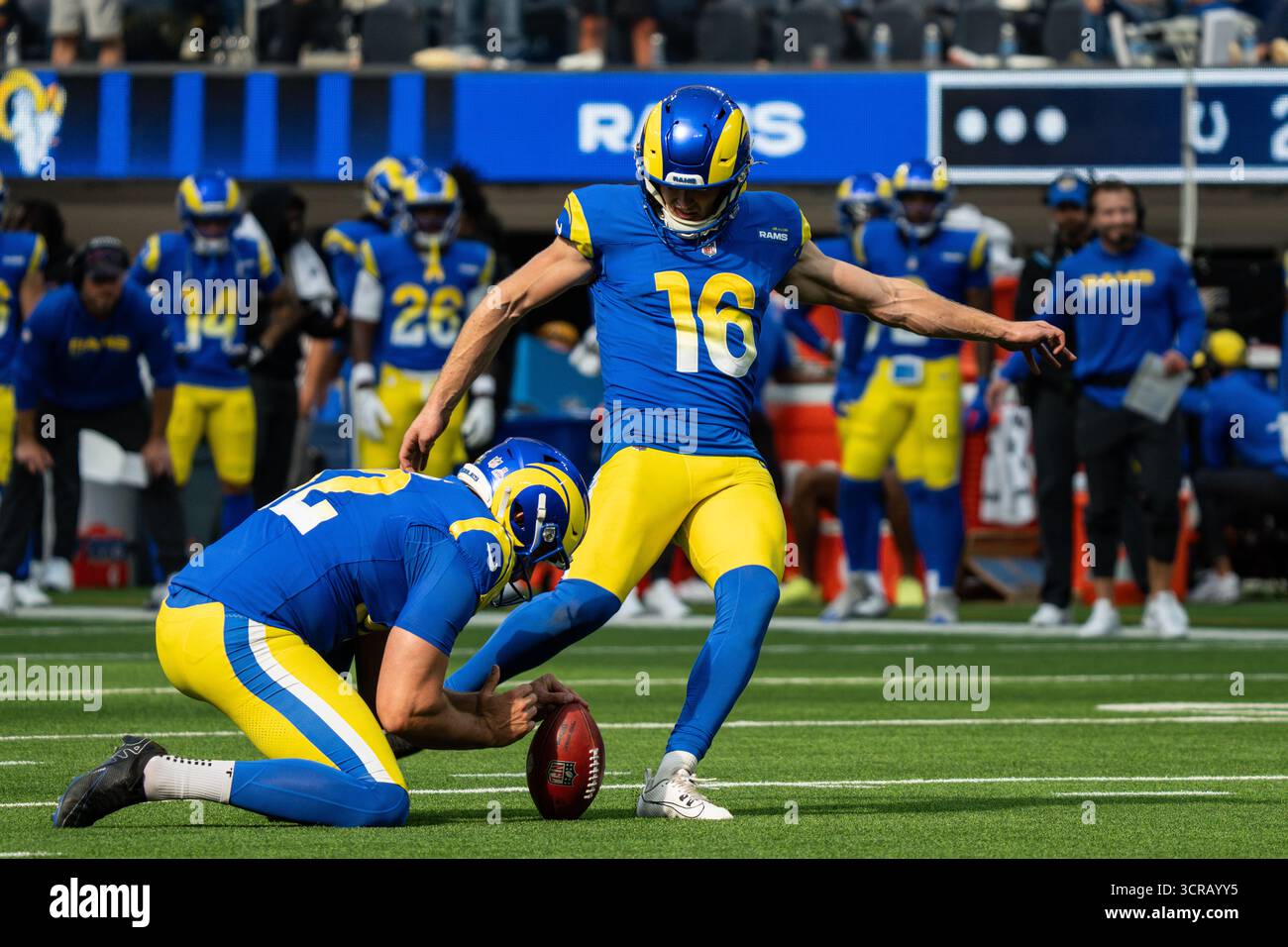 Los Angeles Rams kicker Joshua Karty (16) kicks an extra point during a ...