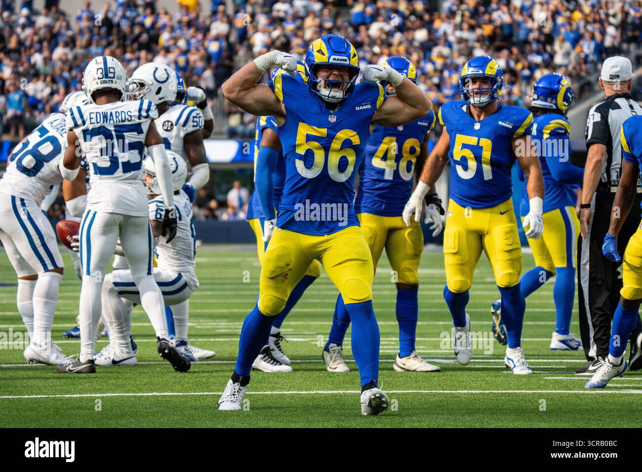 Los Angeles Rams linebacker Shaun Dolac (56) celebrates during a NFL ...