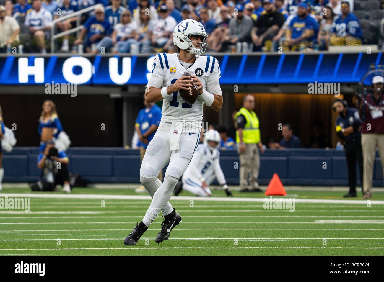Indianapolis Colts quarterback Daniel Jones (17) drips back to pass ...
