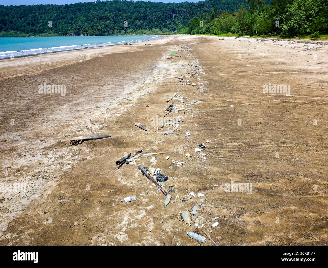 Plastic pollution litters a remote beach in Bako National Park, Sarawak ...