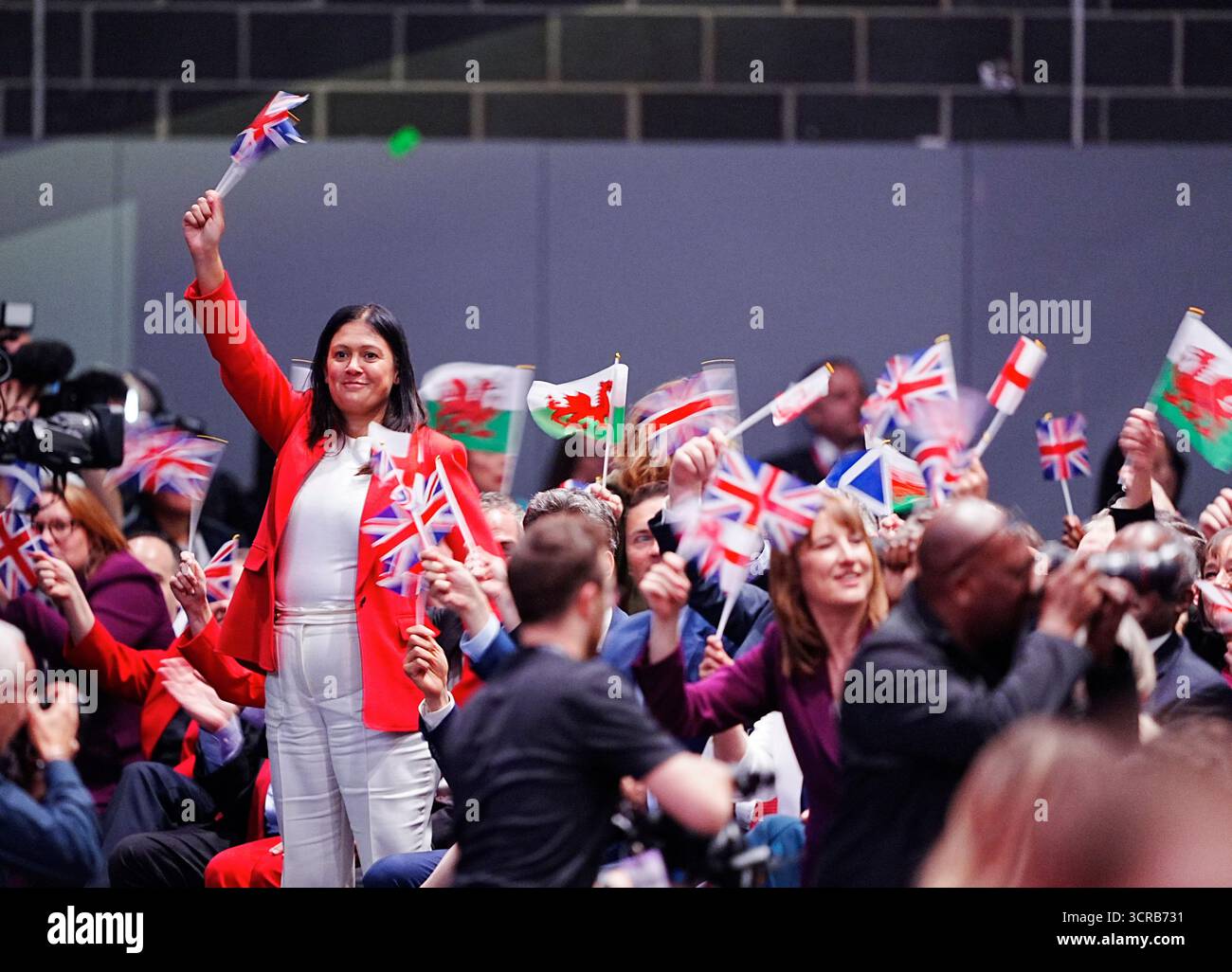 Culture Secretary Lisa Nandy waves a Union flag after Prime Minister Sir Keir Starmer's keynote ...