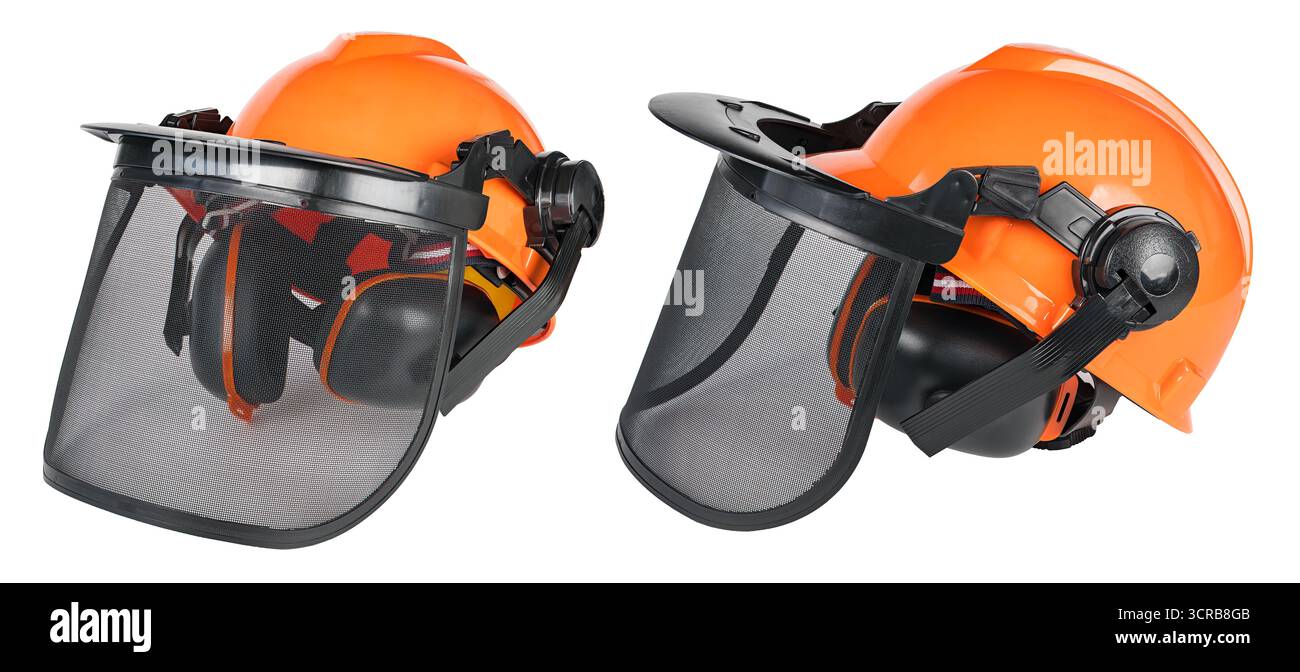 Close-up of protective chainsaw helmets with mesh visor and ear ...