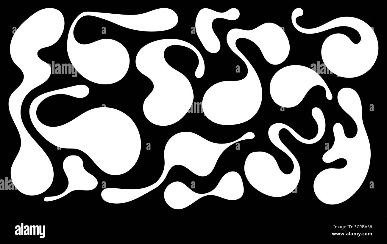 Irregular white blobs and organic forms interweave across a deep black ...