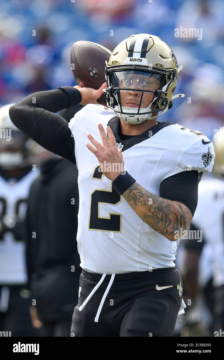 New Orleans Saints quarterback Spencer Rattler (2) warms up before an ...