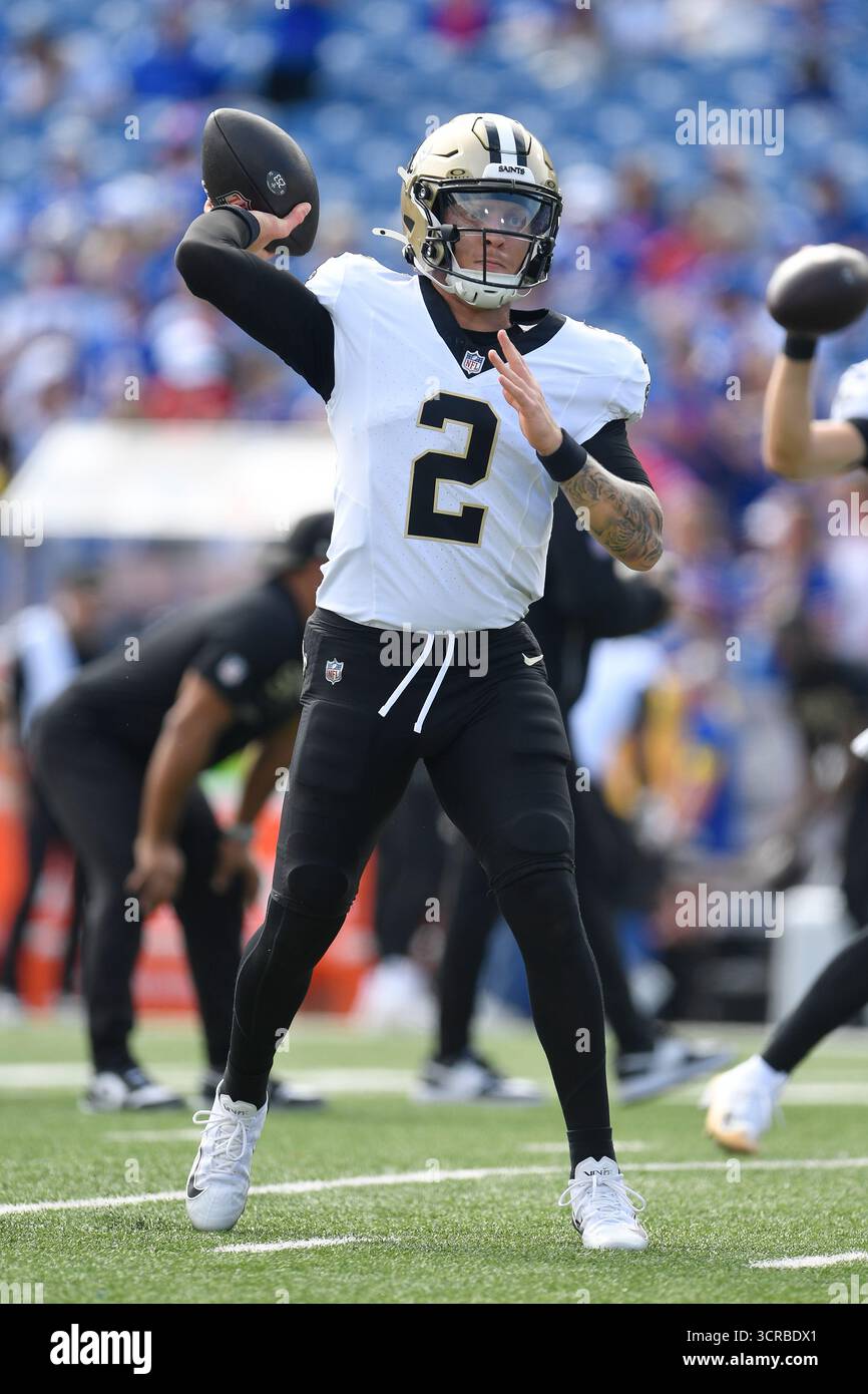 New Orleans Saints quarterback Spencer Rattler (2) warms up before an ...