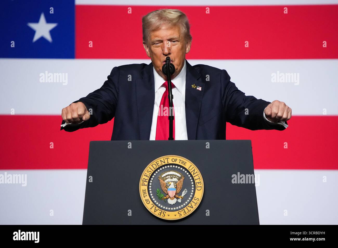 President Donald Trump speaks to a gathering of top U.S. military ...