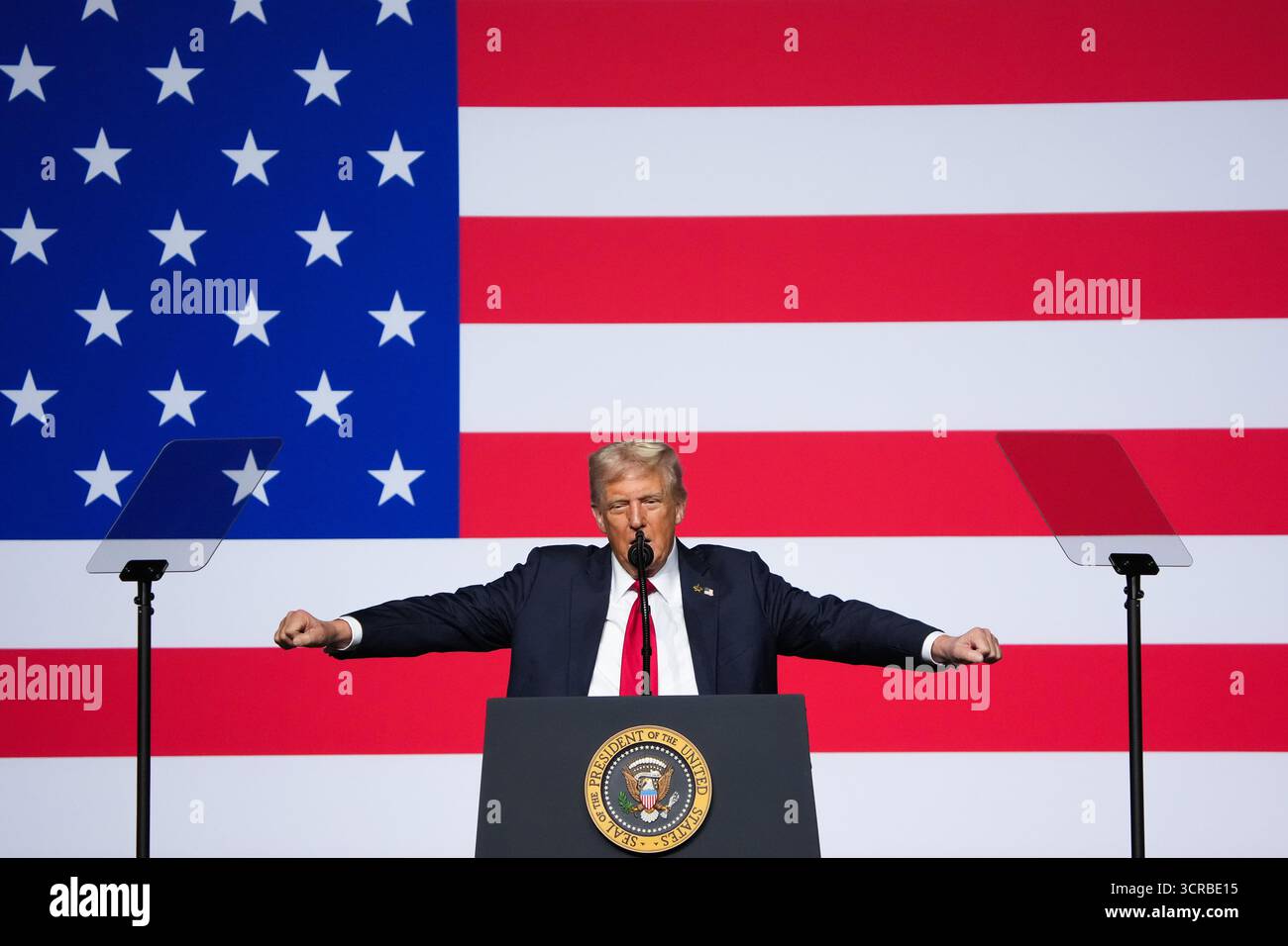 President Donald Trump speaks to a gathering of top U.S. military ...