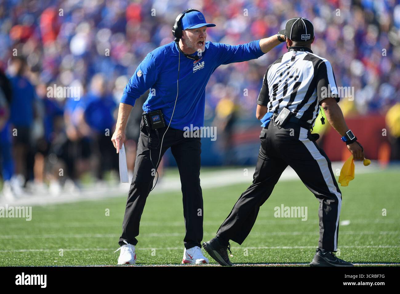 Buffalo Bills head coach Sean McDermott, left, gestures to side judge ...