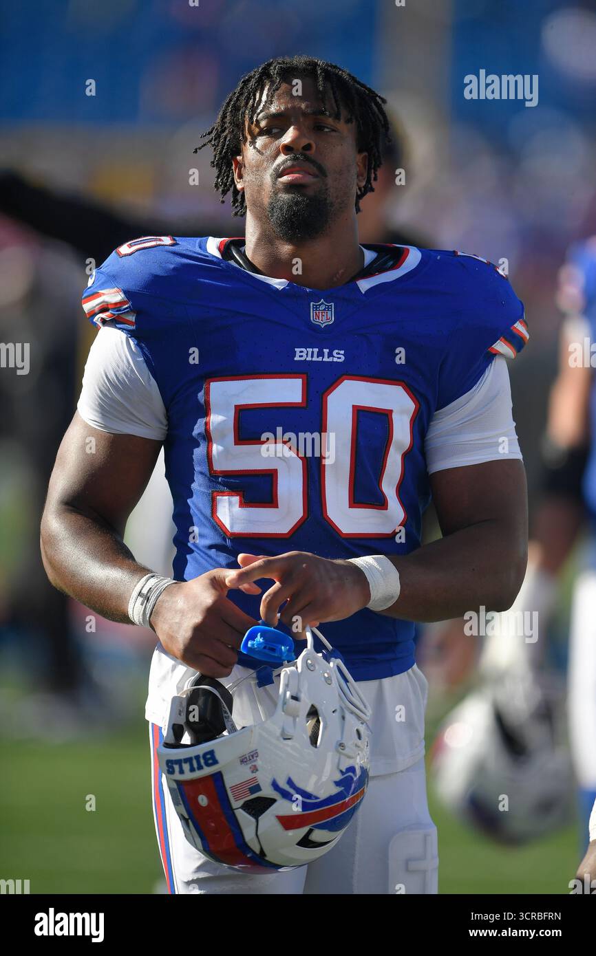 Buffalo Bills defensive end Greg Rousseau (50) walks off the field ...
