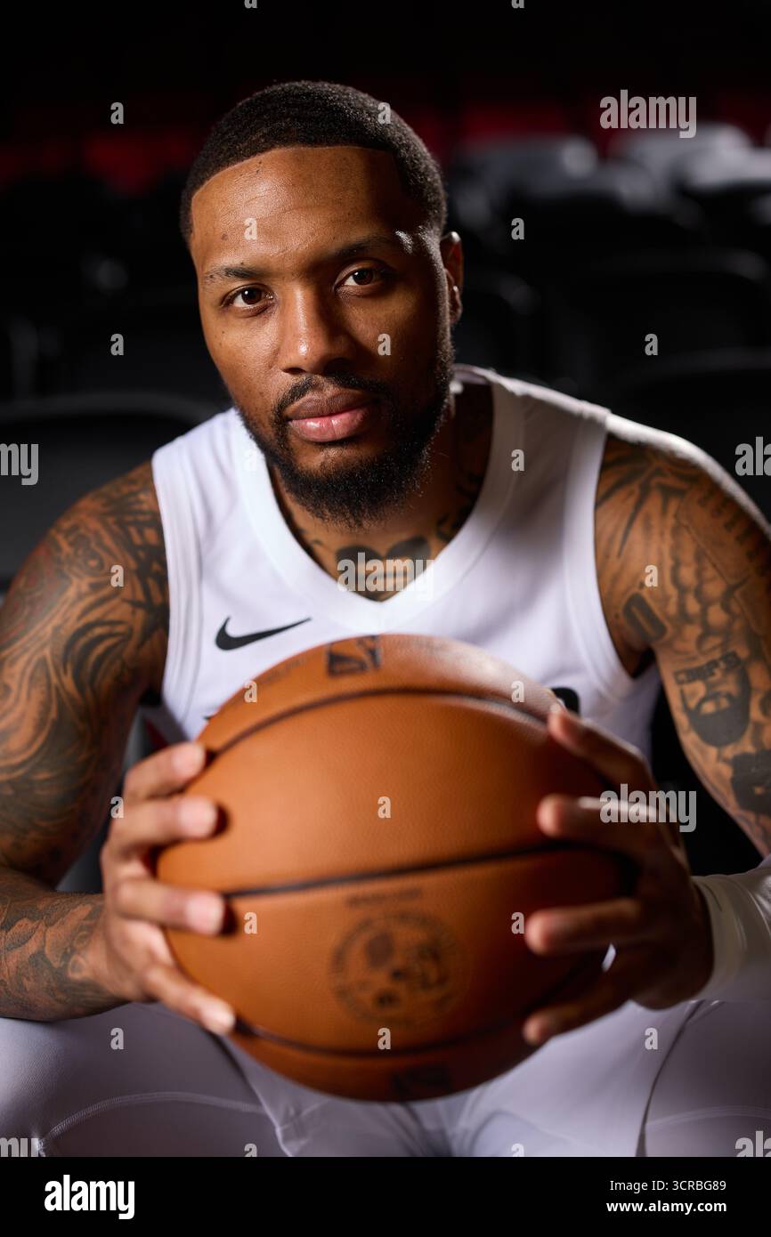 Portland Trail Blazers guard Damian Lillard poses for photos during the ...