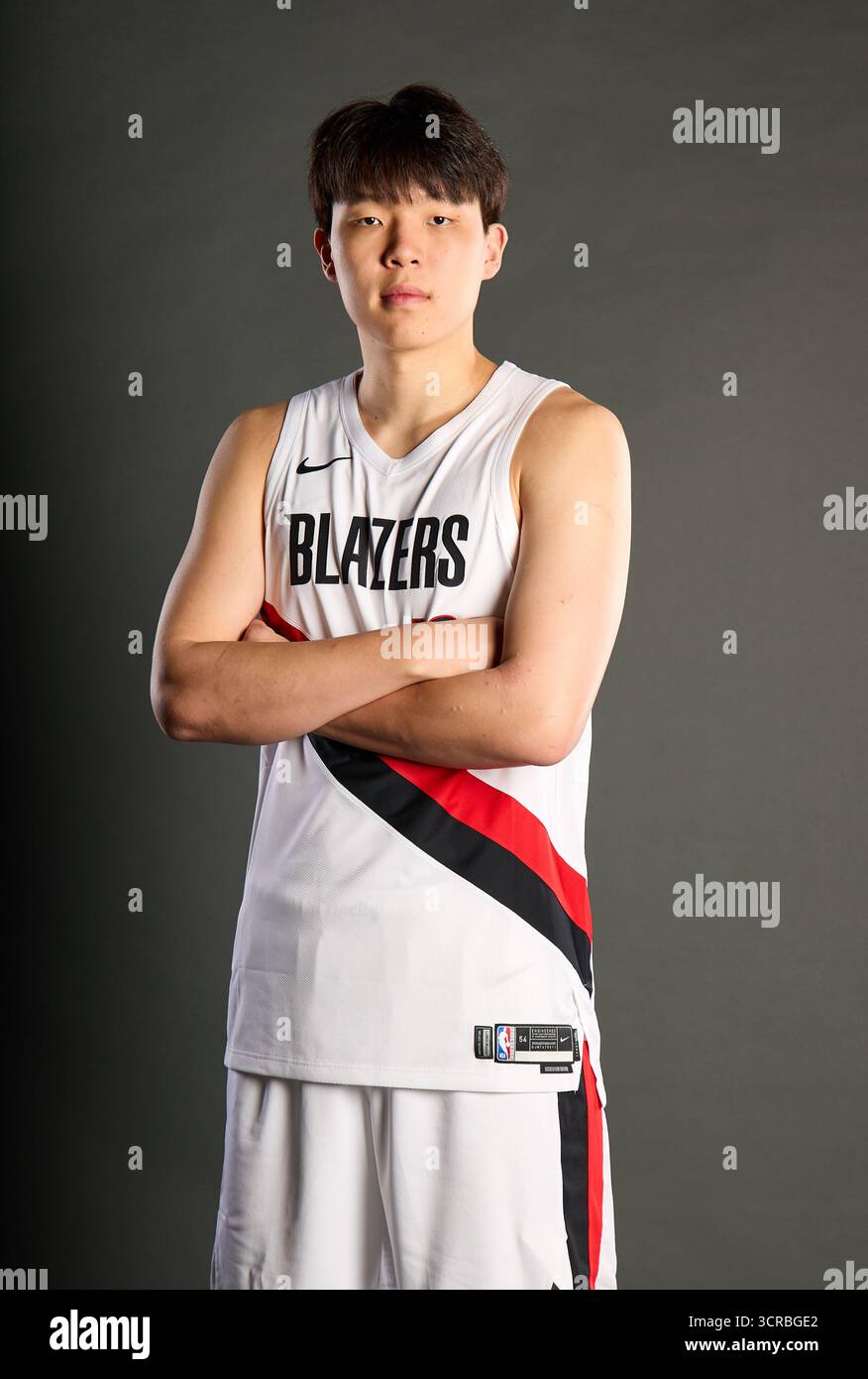 Portland Trail Blazers center Yang Hansen poses for photos during the ...