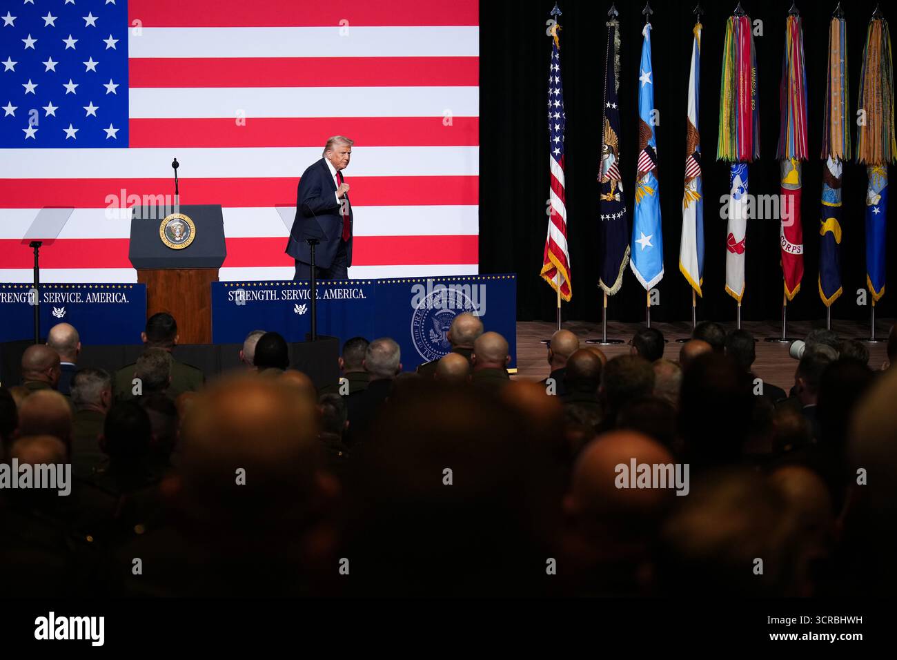 President Donald Trump walks off after speaking to a gathering of top U ...