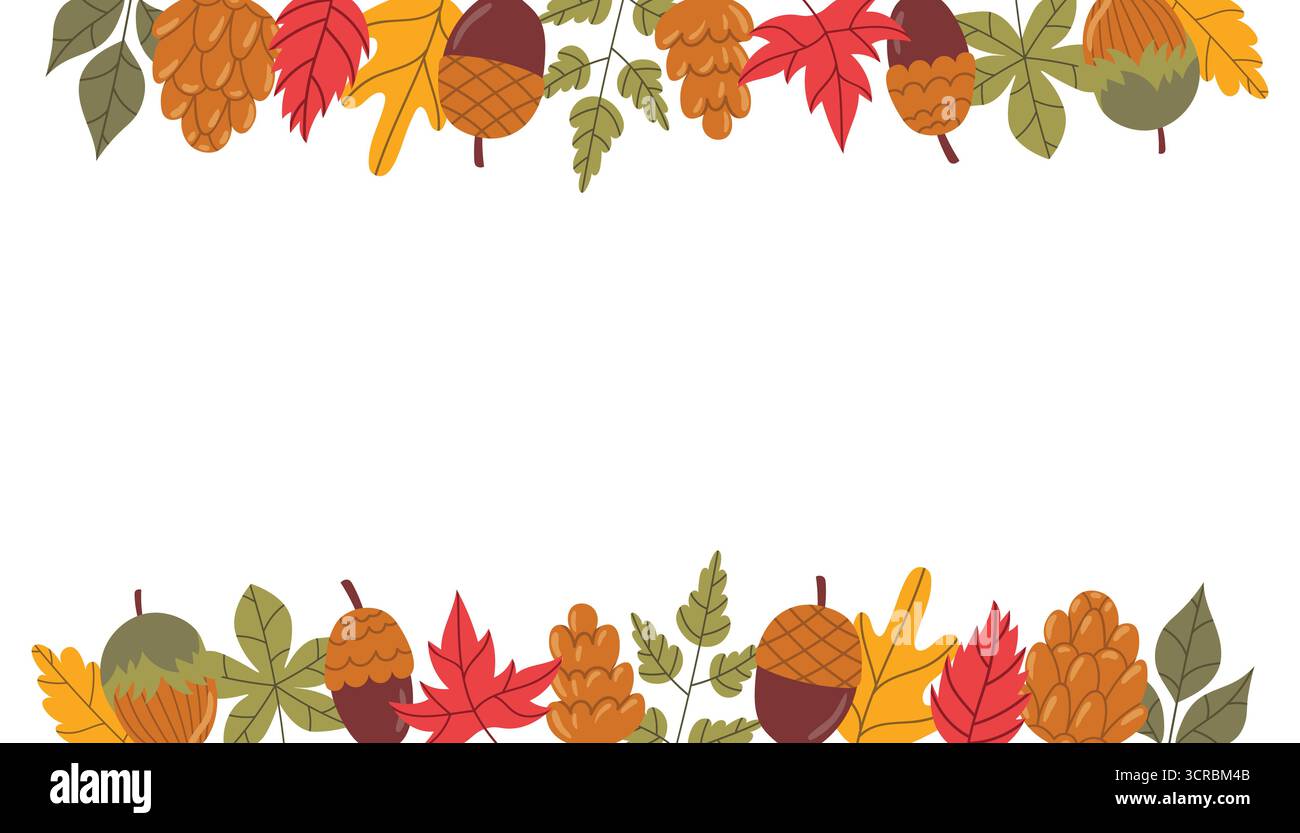 Cute autumn card with borders on top and bottom of leaves, nuts, acorns ...