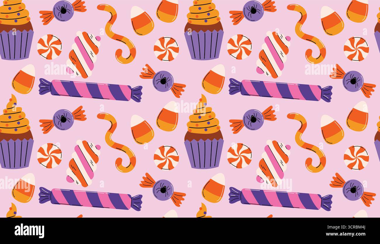 Cute seamless pattern for Halloween party with candies, cupcake, gummy ...
