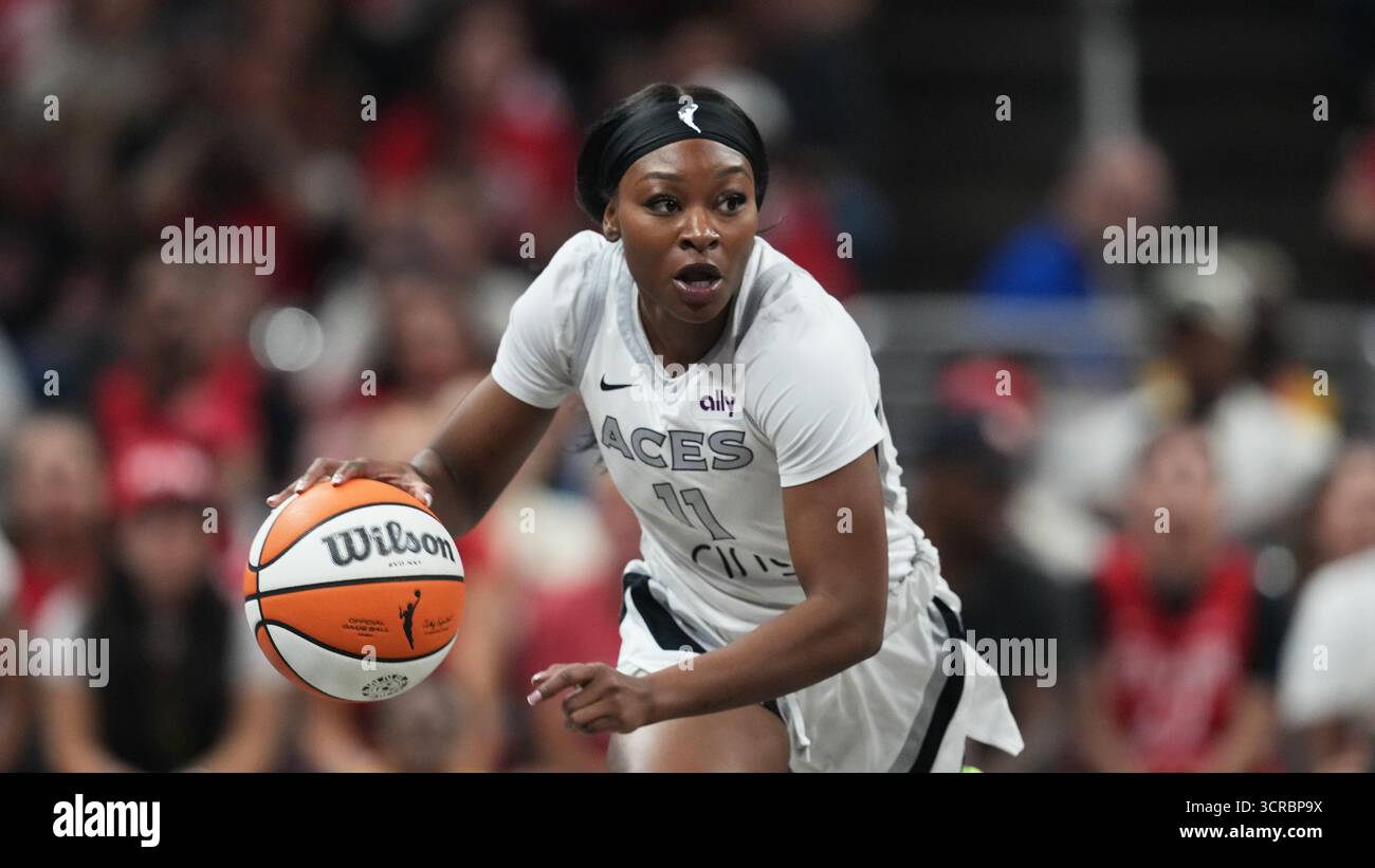 Las Vegas Aces' Dana Evans dribbles during first half of Game 3 of a ...
