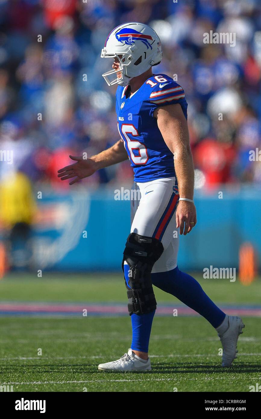 Buffalo Bills punter Cameron Johnston (16) walks on the field during ...