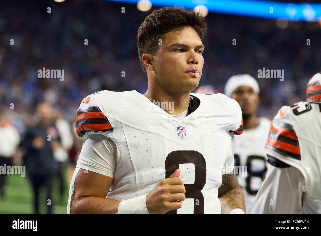 Cleveland Browns quarterback Dillon Gabriel (8) runs off the field ...