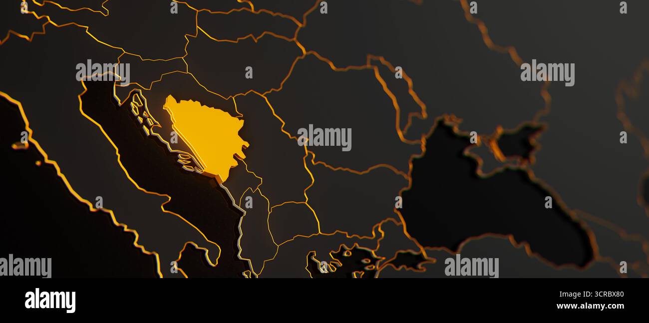 Golden Bosnia 3d map surrounded with other countries in black with ...