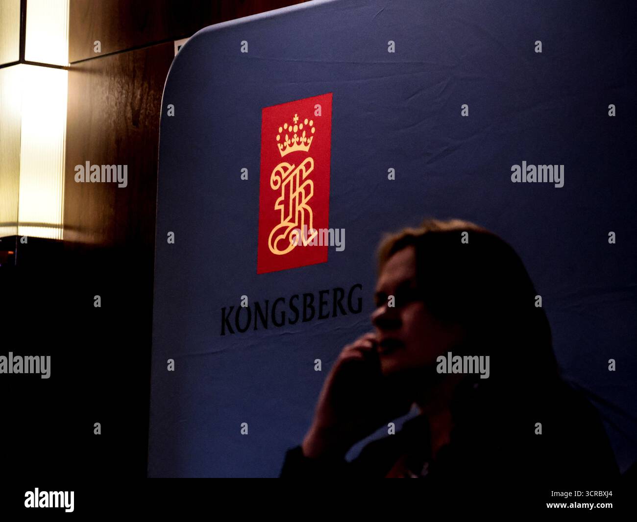 Kongsberg logo is seen during a panel discussion during the second day ...