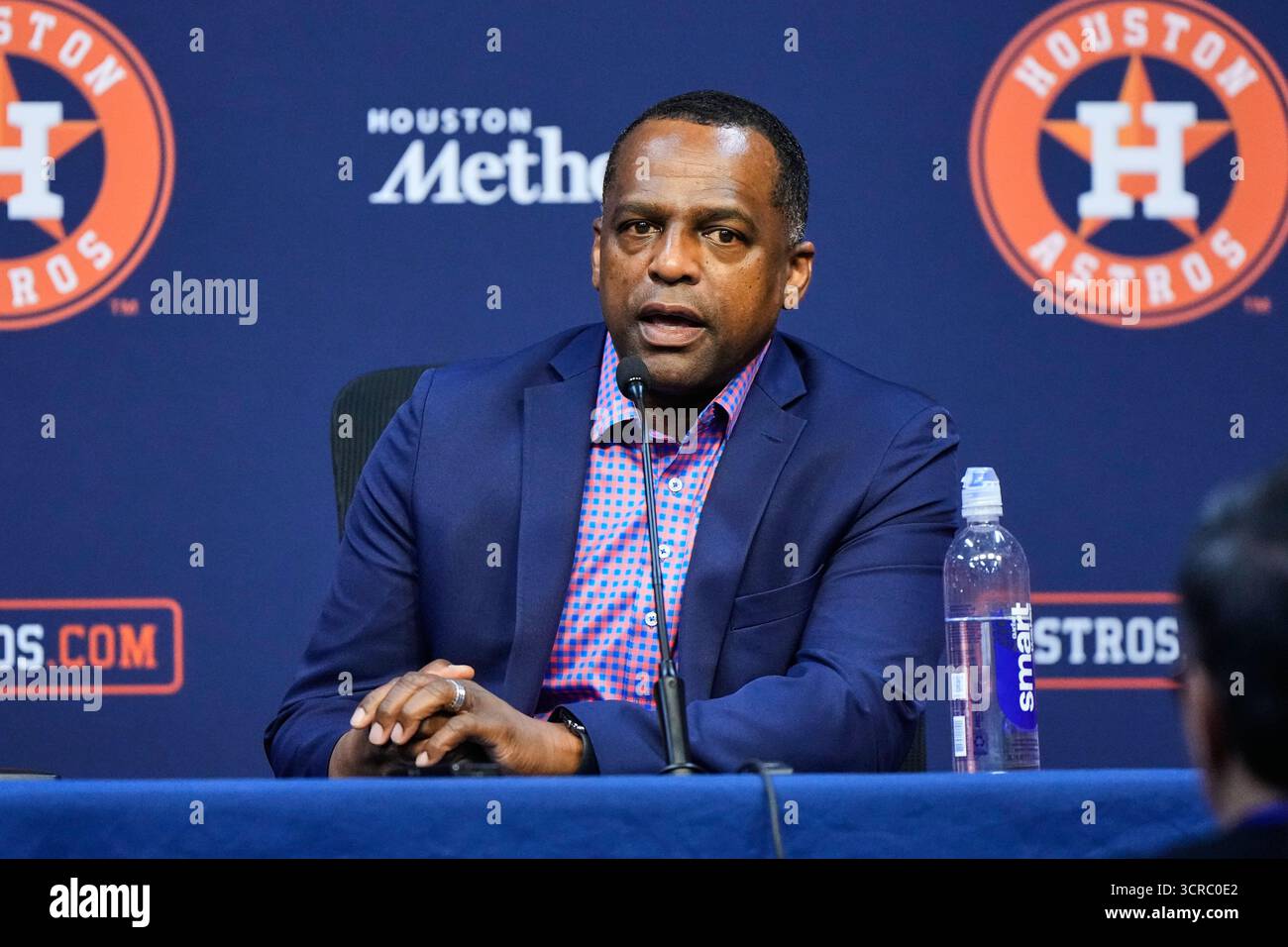 Houston Astros General Manager Dana speaks to reporters during an MLB ...