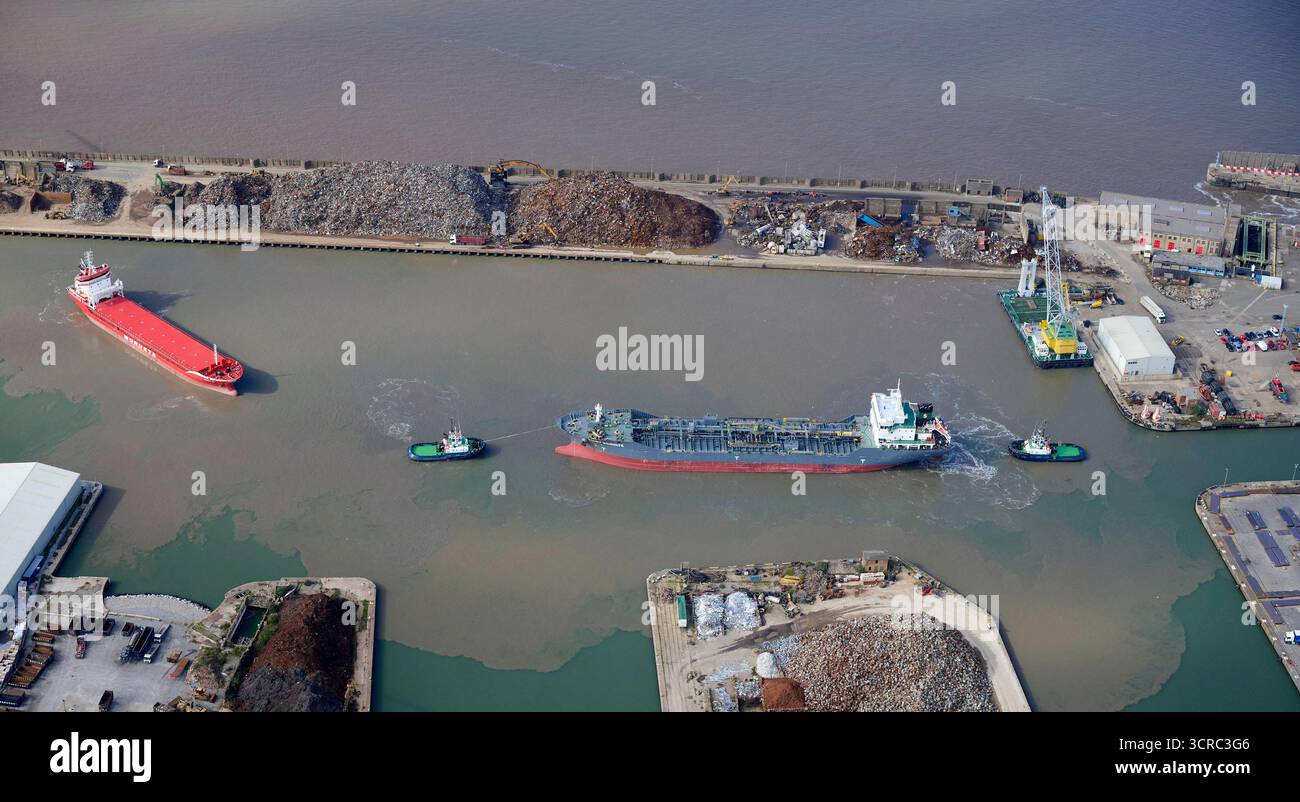 Ships manouvering at Seaforth Docks, Liverpool, Merseyside, north west ...