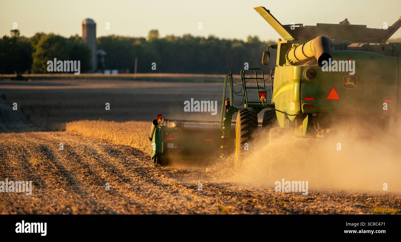 A combine harvester works a field of soybeans in Southwestern Ontario ...