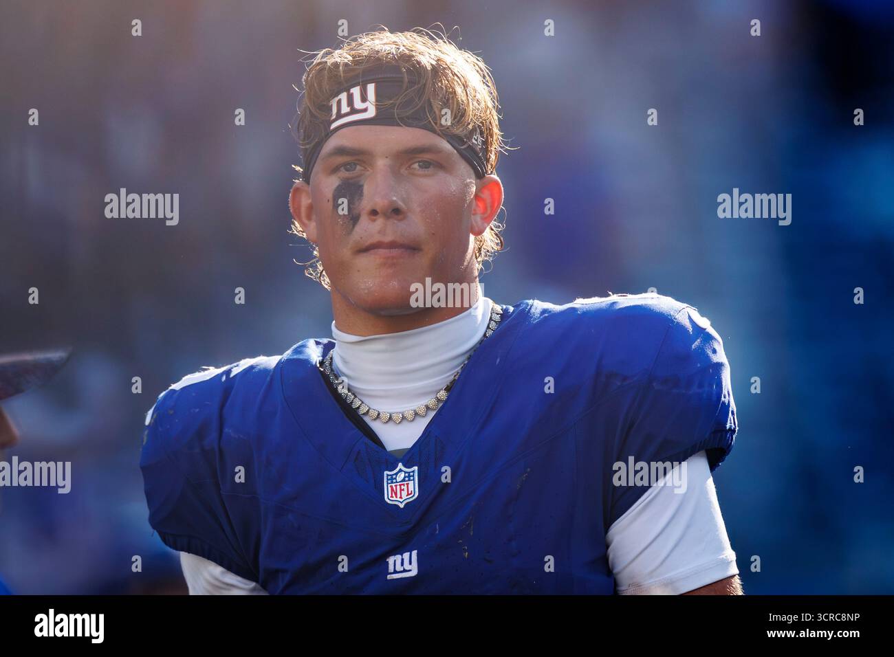 New York Giants quarterback Jaxson Dart (6) walks off the field after a ...