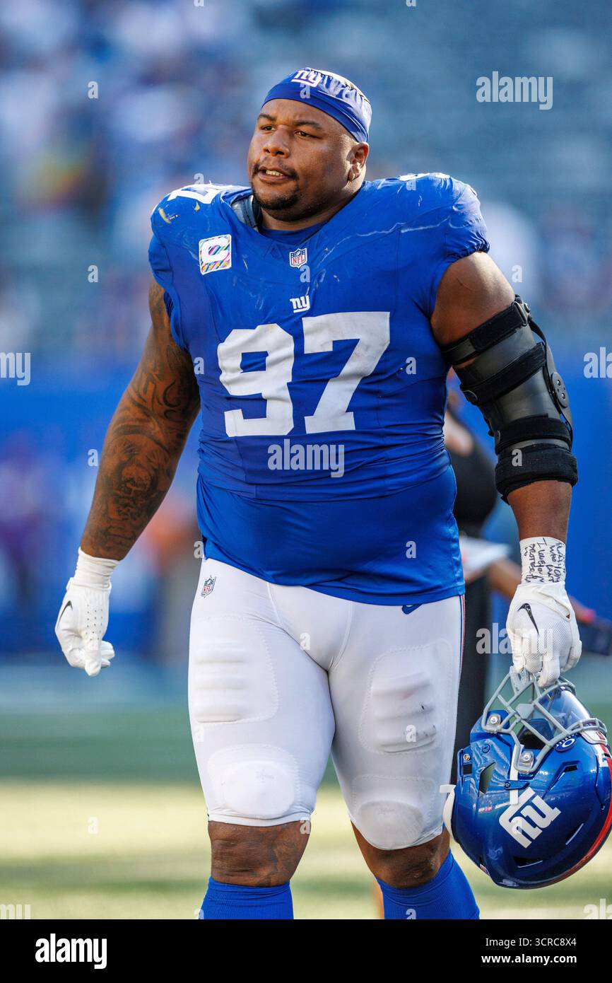 New York Giants defensive tackle Dexter Lawrence (97) walks off the field following an NFL ...