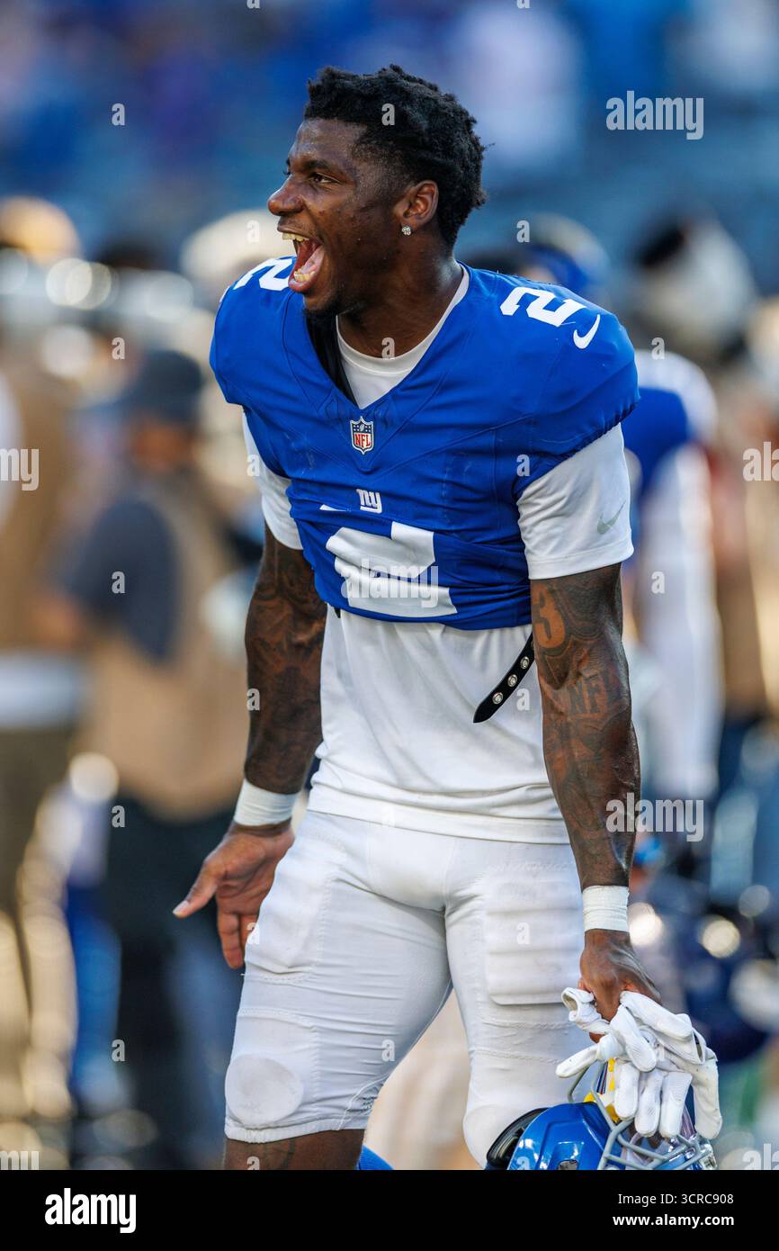 New York Giants cornerback Deonte Banks (2) walks off the field ...