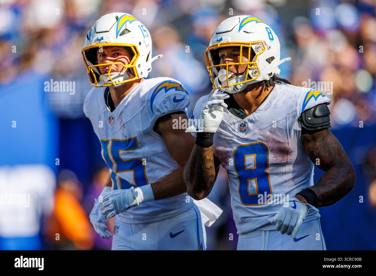 Los Angeles Chargers running back Omarion Hampton (8) celebrates a ...