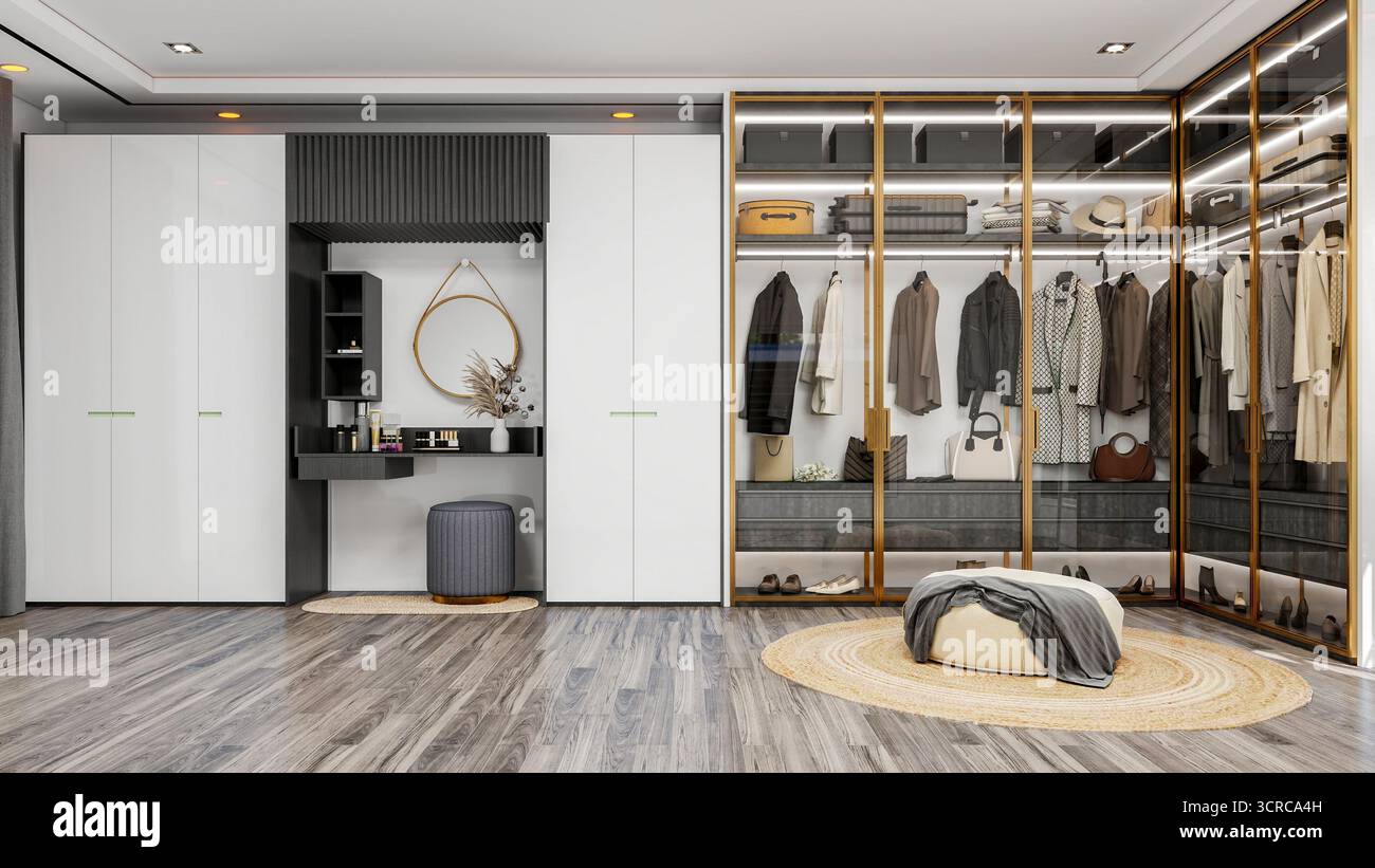 Modern Luxury Walk-In Closet Interior with Wardrobe and Dressing Table ...