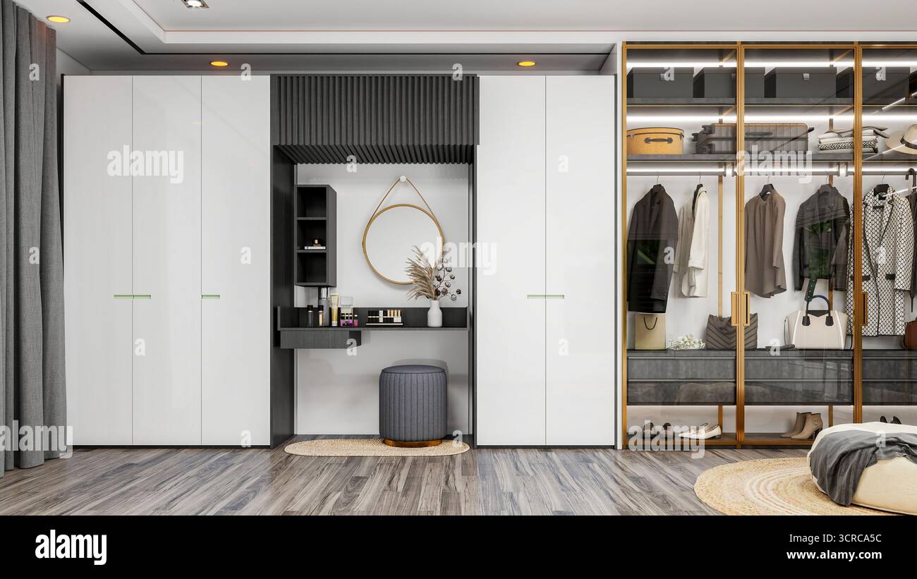 Modern Luxury Walk-In Closet Interior with Wardrobe and Dressing Table ...