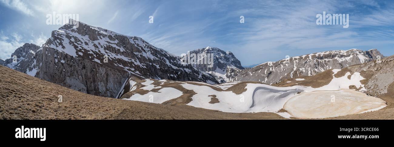 Panorama of the Frozen Dragonlake Drakolimni with snow in spring under ...