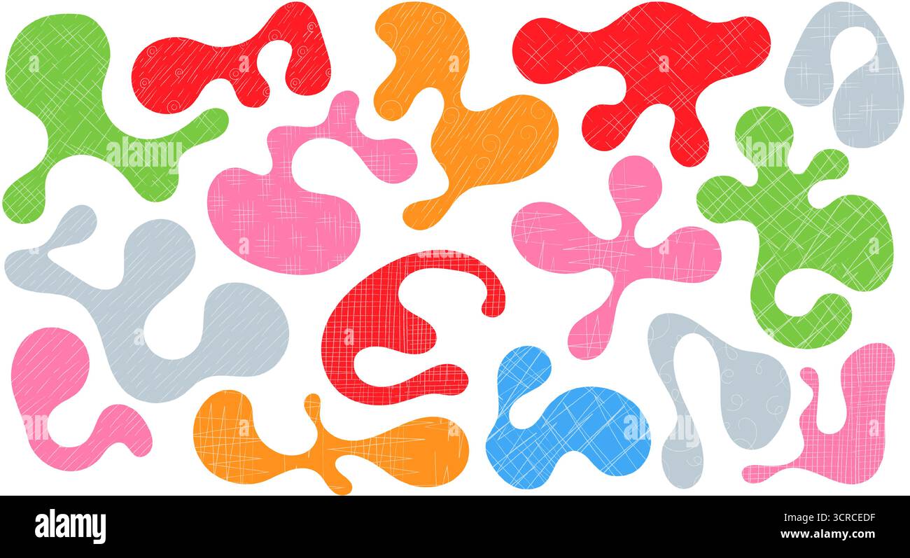 Vibrant blobs in various colors and irregular shapes form an abstract ...