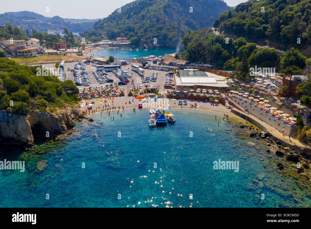 Aerial drone view of the popular Agios Spyridon beach in Paleokastritsa ...