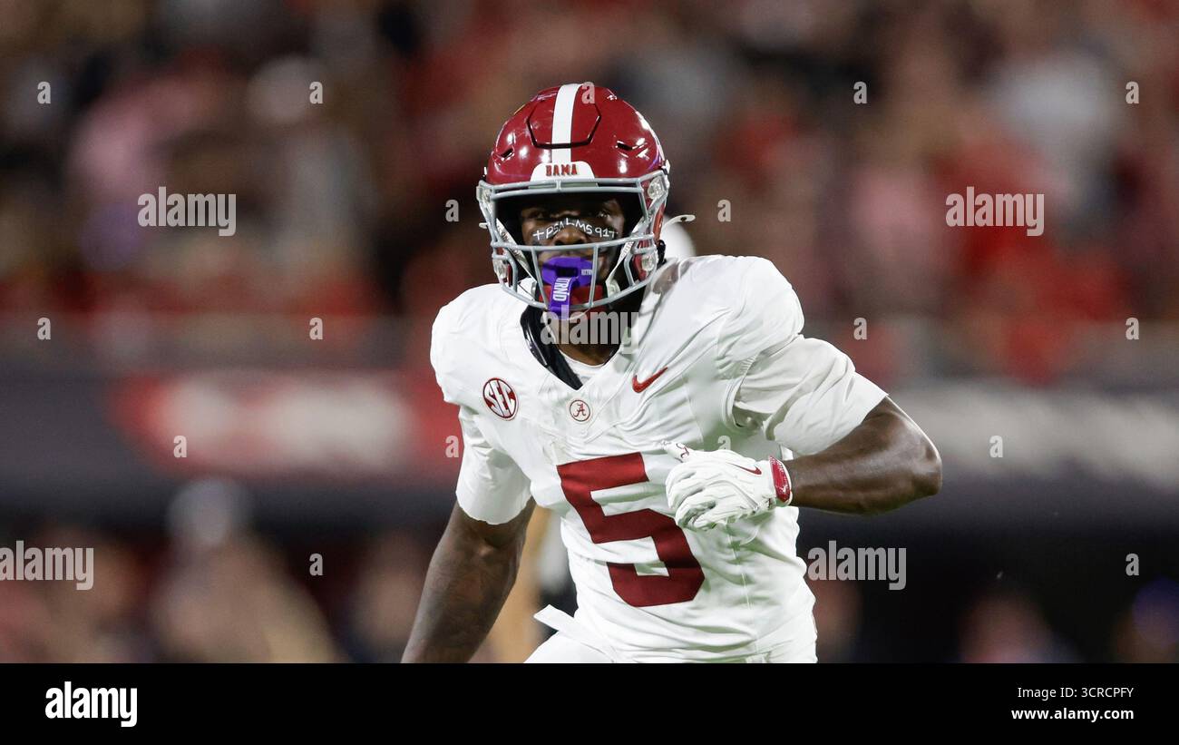 Alabama wide receiver Germie Bernard (5) runs a route during the first ...
